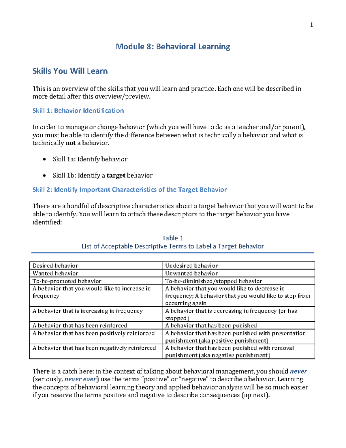 PSY 215 Behavioral Learning Handout - 1 Module 8: Behavioral Learning ...