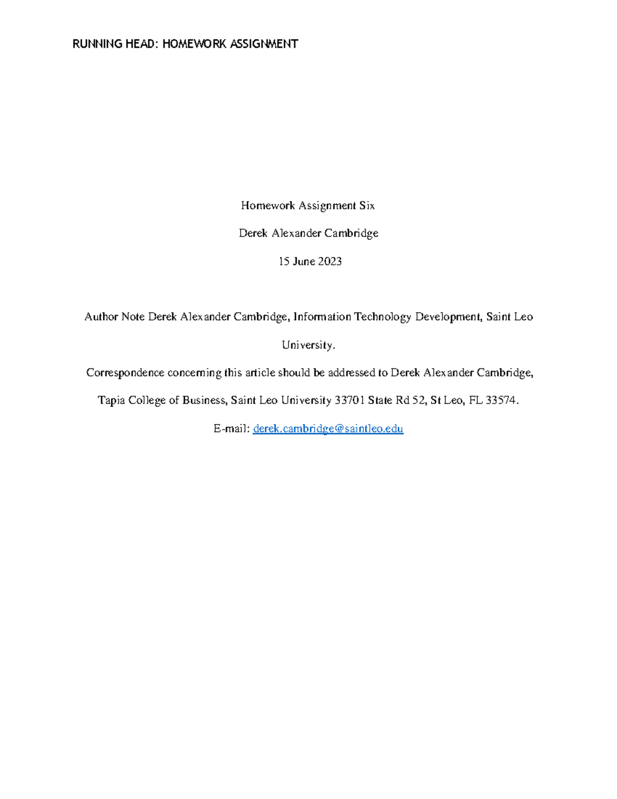 Homework Assignment Six - Homework Assignment Six Derek Alexander ...