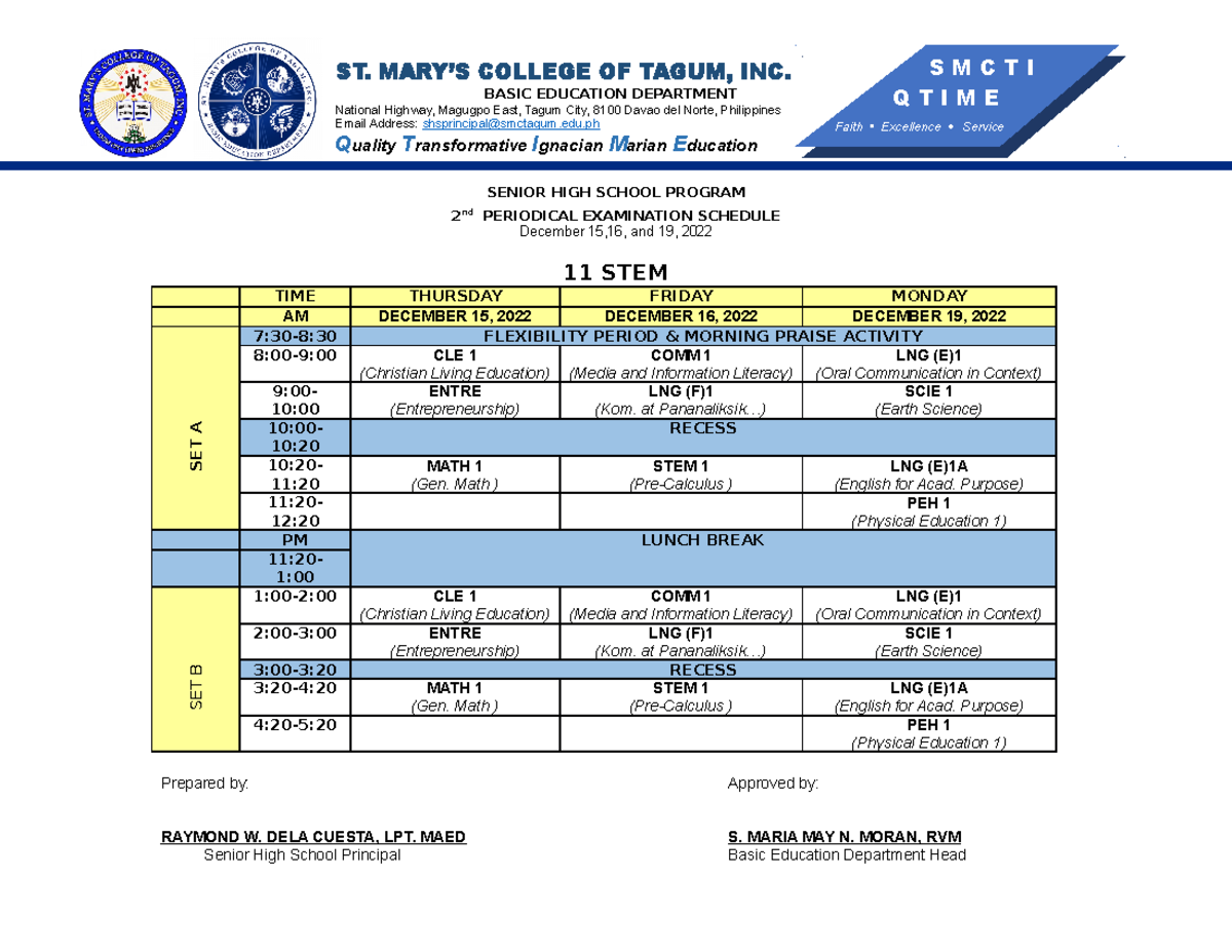 SHS Periodical EXAM Schedule - Q T I M E Faith • Excellence • Service ...