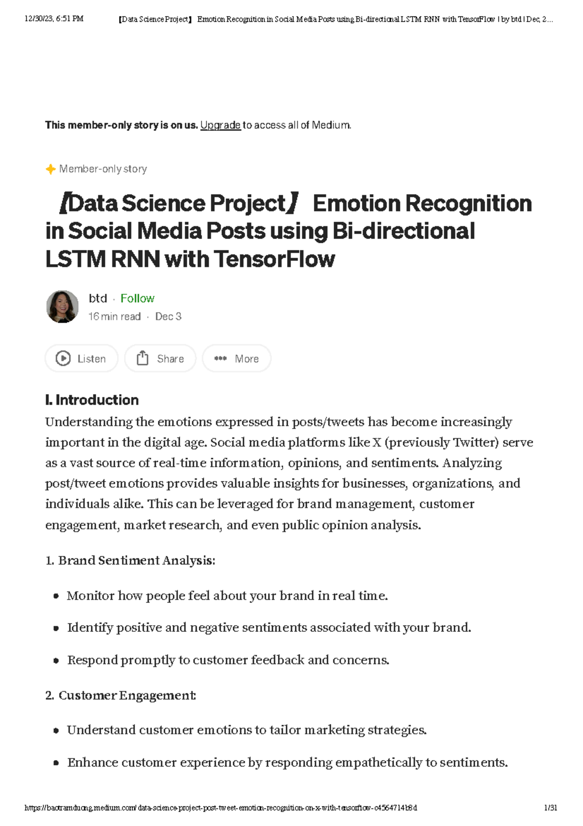 Emotion Recognition in Social Media Posts using Bi-directional LSTM RNN with Tensor Flow - - Studocu