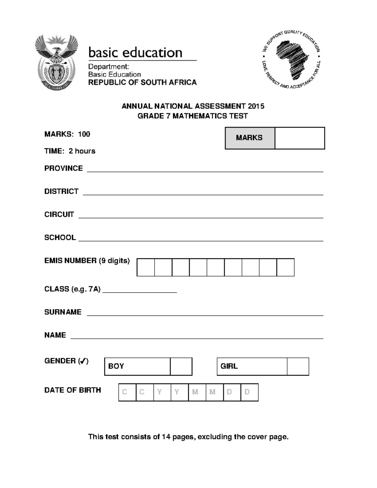 2015 ANA Gr 7 Mathematics Test 2015 ANNUAL NATIONAL ASSESSMENT 2015 2015-ana-gr-7-mathematics-test-2015-annual-national-assessment-2015