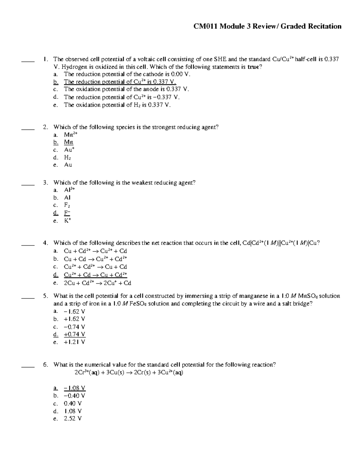 CM011 Module 3 Review - Graded Recitation - The observed cell potential ...