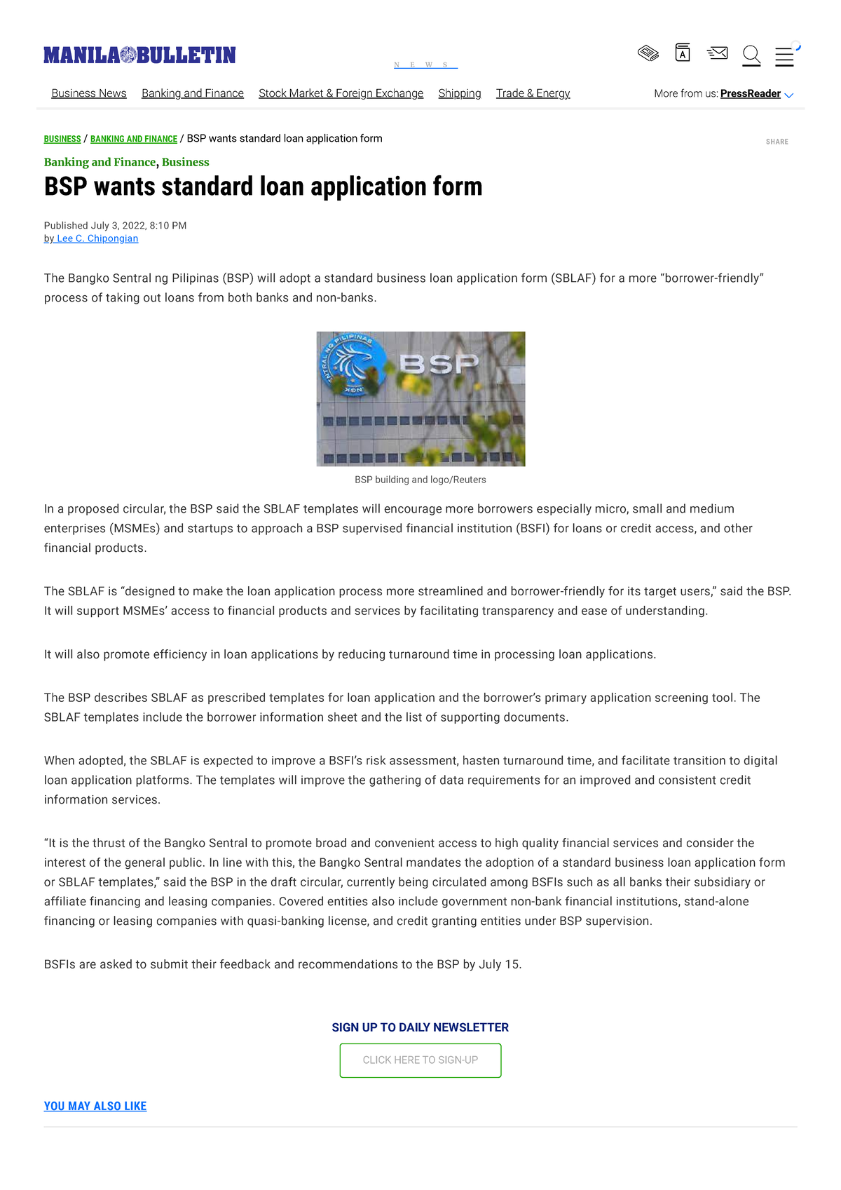 BSP wants standard loan application - Chipongian Banking and Finance ...