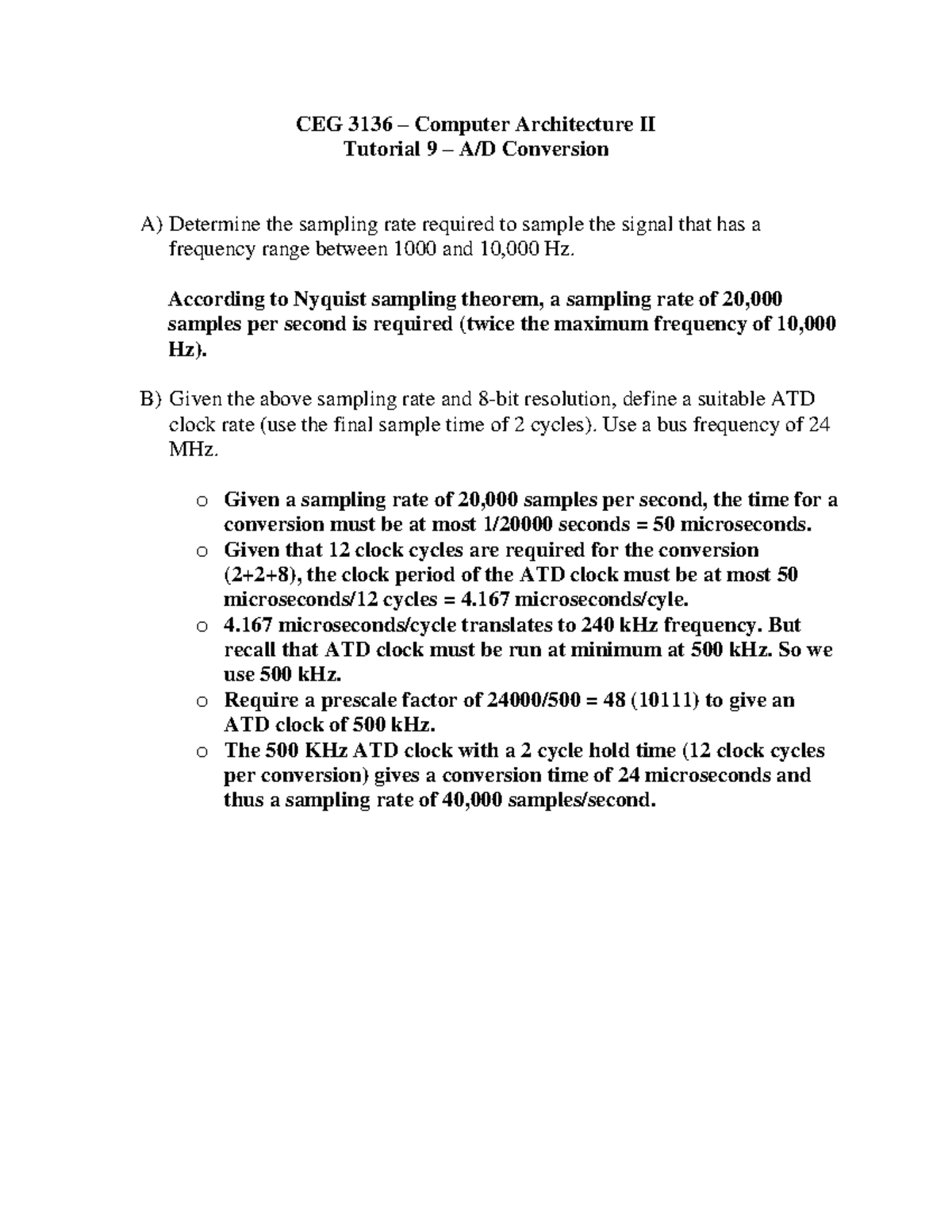 CEG3136Tutorial 9Solution - CEG 3136 – Computer Architecture II Tutorial 9 – A/D Conversion A ...