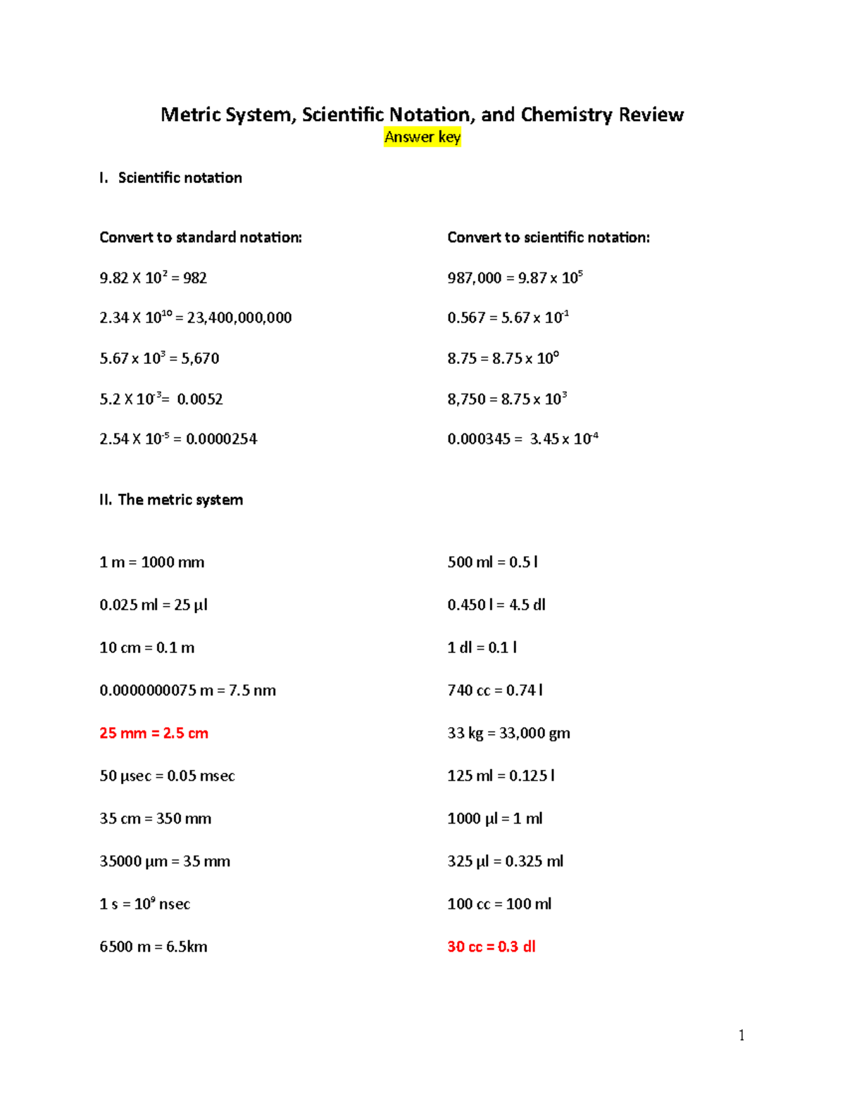 1 - LAB - MATH-CHEM Answer KEY for scientific notation, metric system ...
