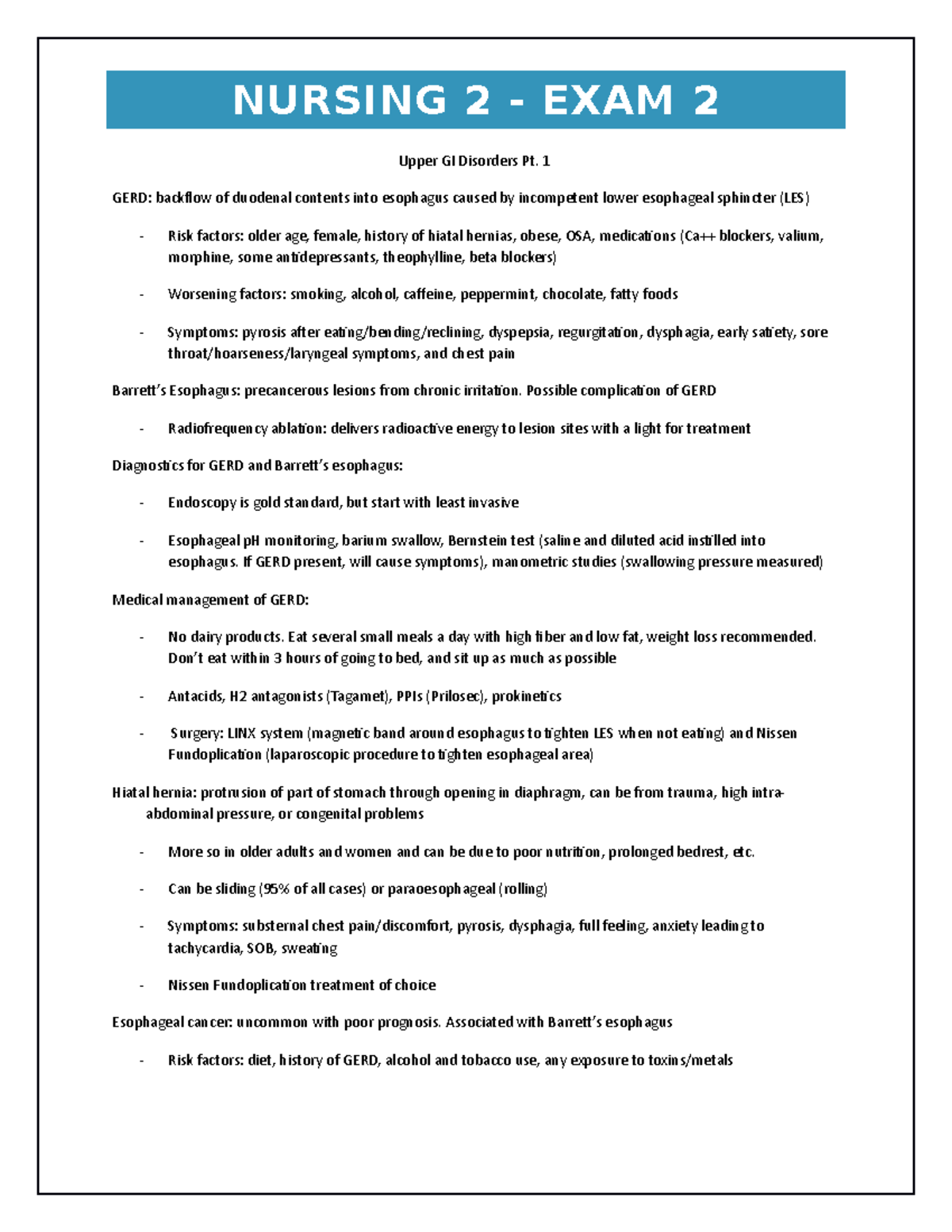 Studyguide Test 2 - Lecture notes Test 2 - NURSING 2 - EXAM 2 Upper GI ...