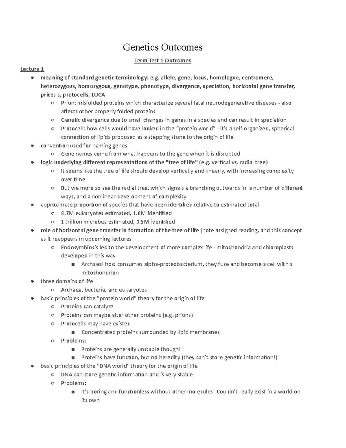 Genetics Notes on Outcomes - Genetics Outcomes Term Test 1 Outcomes ...