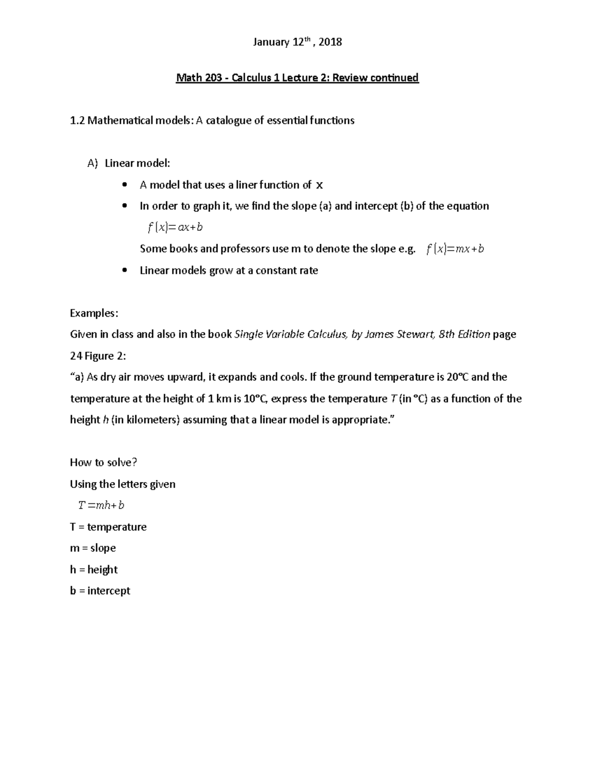 Math 203 - Lecture 2 - Review continuation - January 12th , 2018 Math ...