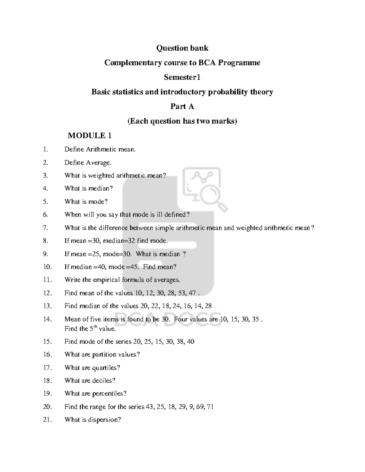 Statistics Question Bank Semester 1 - Question bank Complementary course to BCA Programme ...