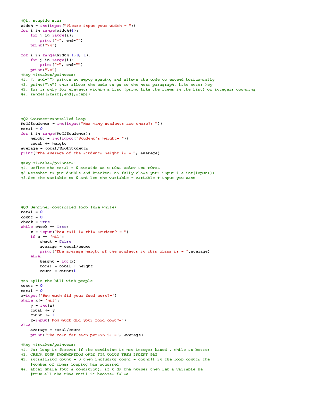 CV1014 quiz 2 Revision PDF - #Q1. stupide star width = int(input("Please input your width ...