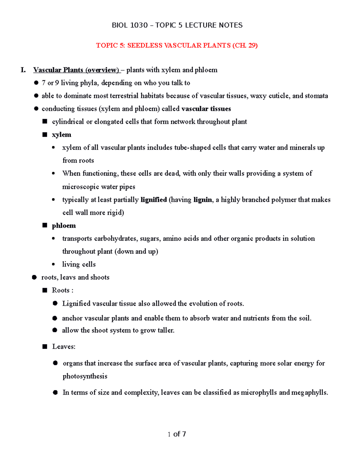 Topic 5 BIOL1030NR - Vascular plants - TOPIC 5: SEEDLESS VASCULAR ...