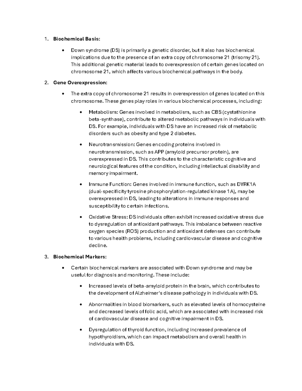 SGD-Down Syndrome - 1. Biochemical Basis: • Down syndrome (DS) is ...