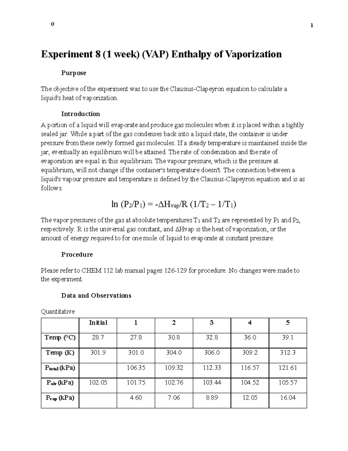 Enthalpy of vaporization - Experiment 8 ( 1 week) (VAP) Enthalpy of ...