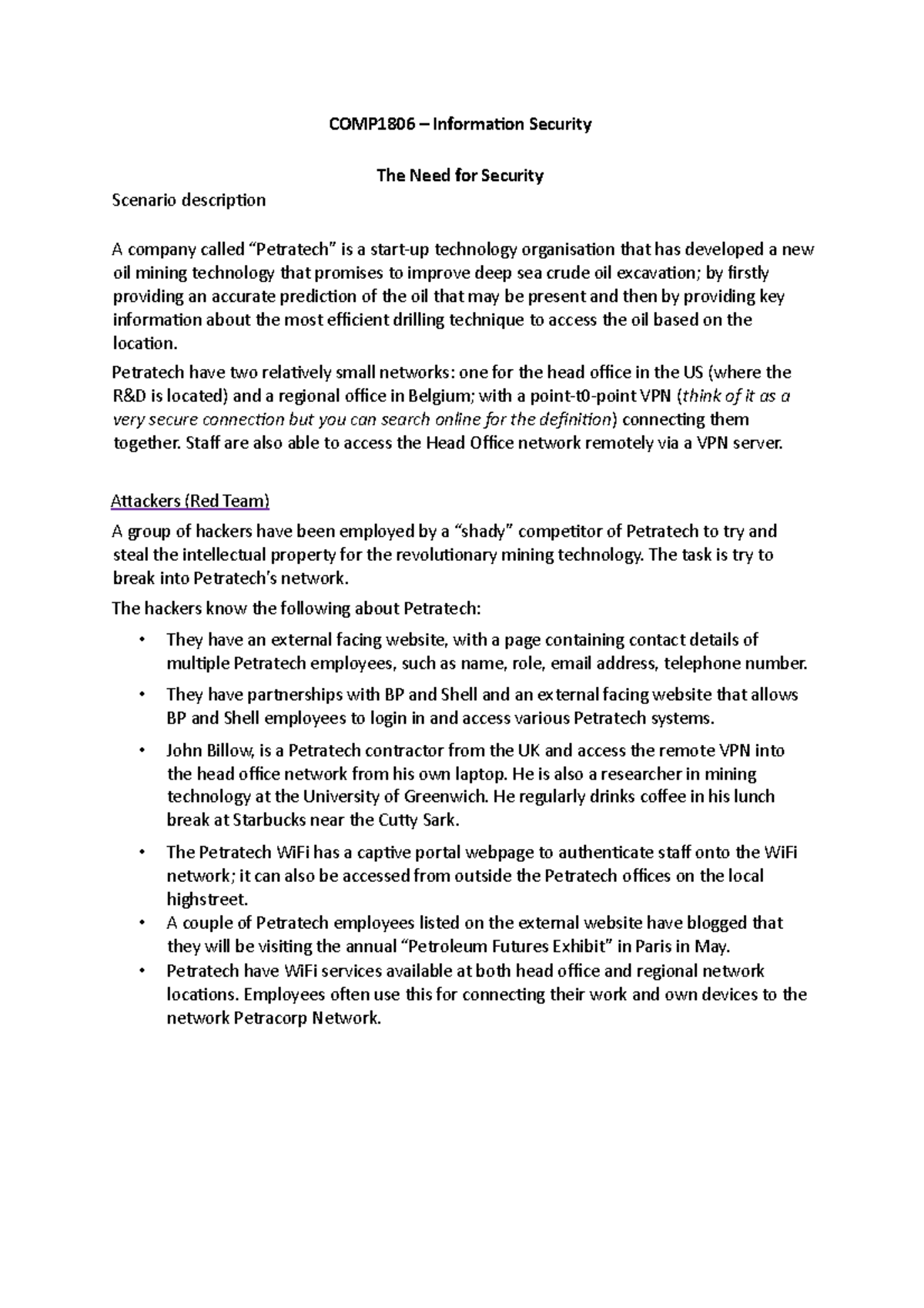 COMP1806 threats - COMP1806 – Information Security The Need for Security Scenario description A ...