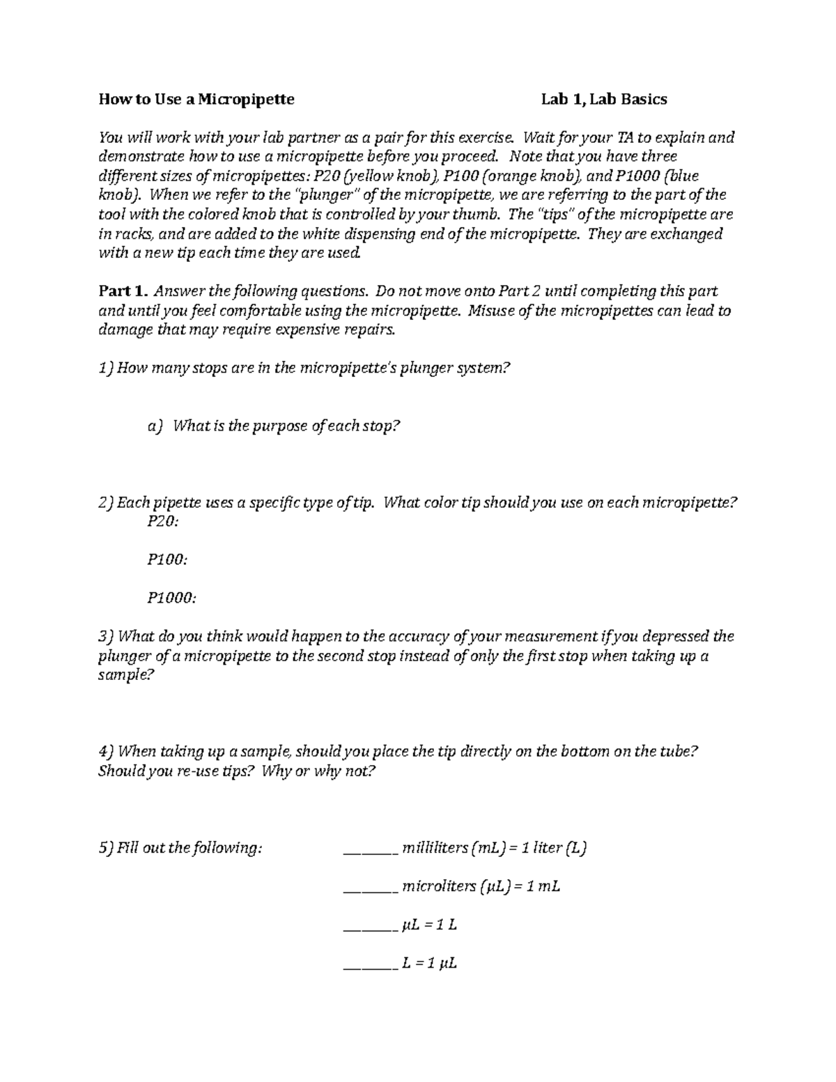Lab 1 Micropipette Handout Fall 22 - How to Use a Micropipette Lab 1 ...