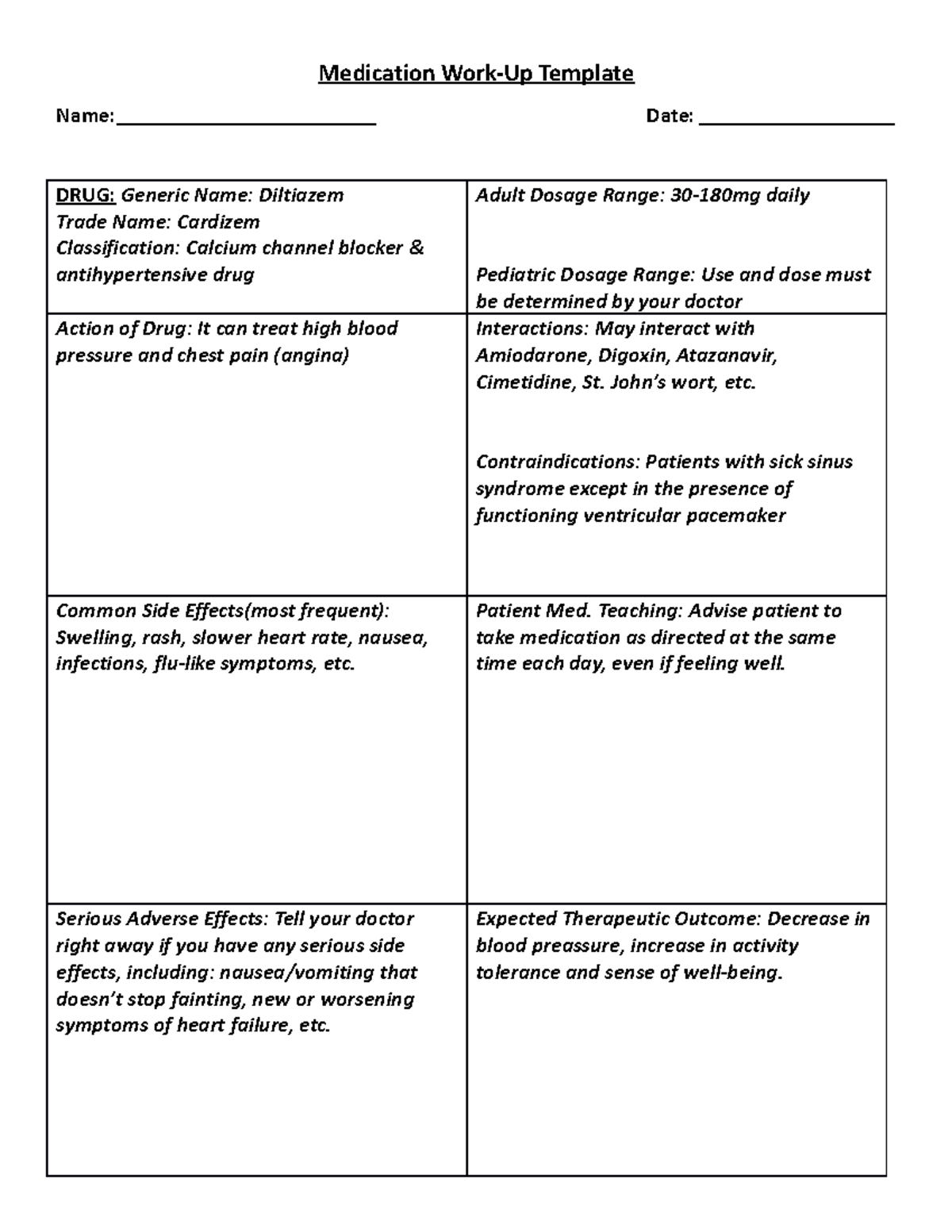 Cardizem - NOTES - Medication Work-Up Template Name ...