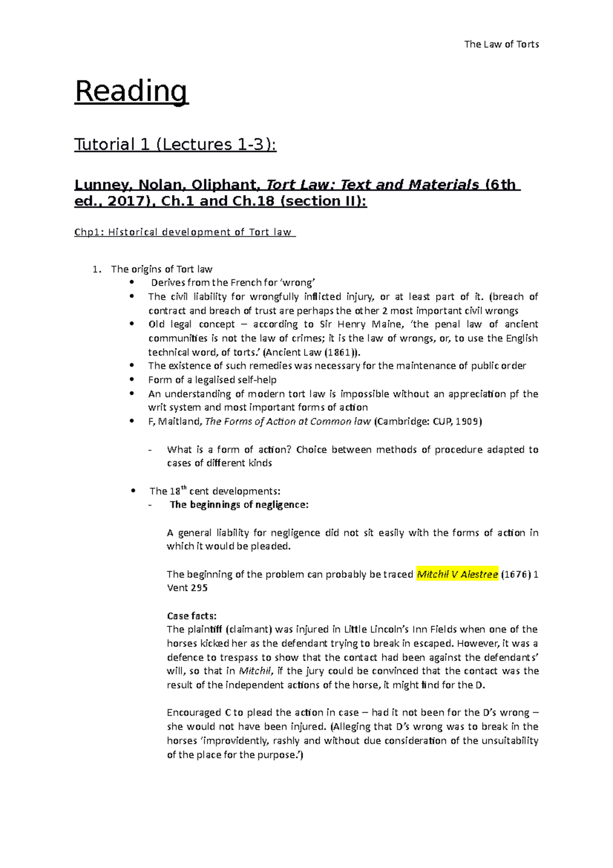 Tort Tutorial reading - notes and resources - Reading Tutorial 1 ...