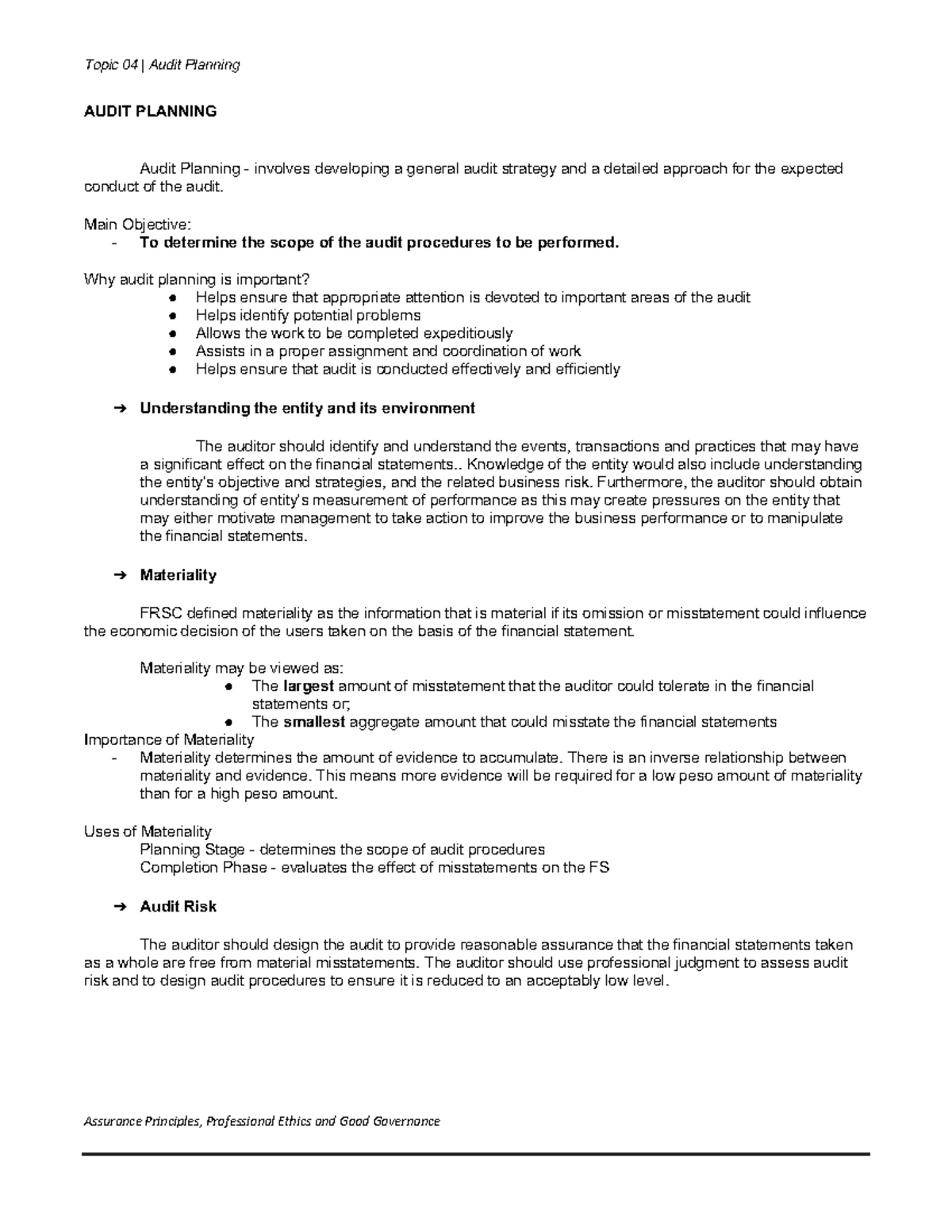 Topic 04 Audit Planning - Topic 04 | Audit Planning Assurance ...