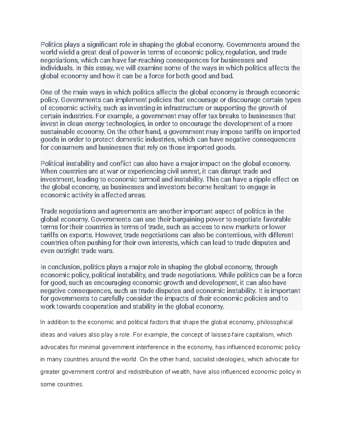 Midterm essay-Politics in the economy - Politics plays a significant ...