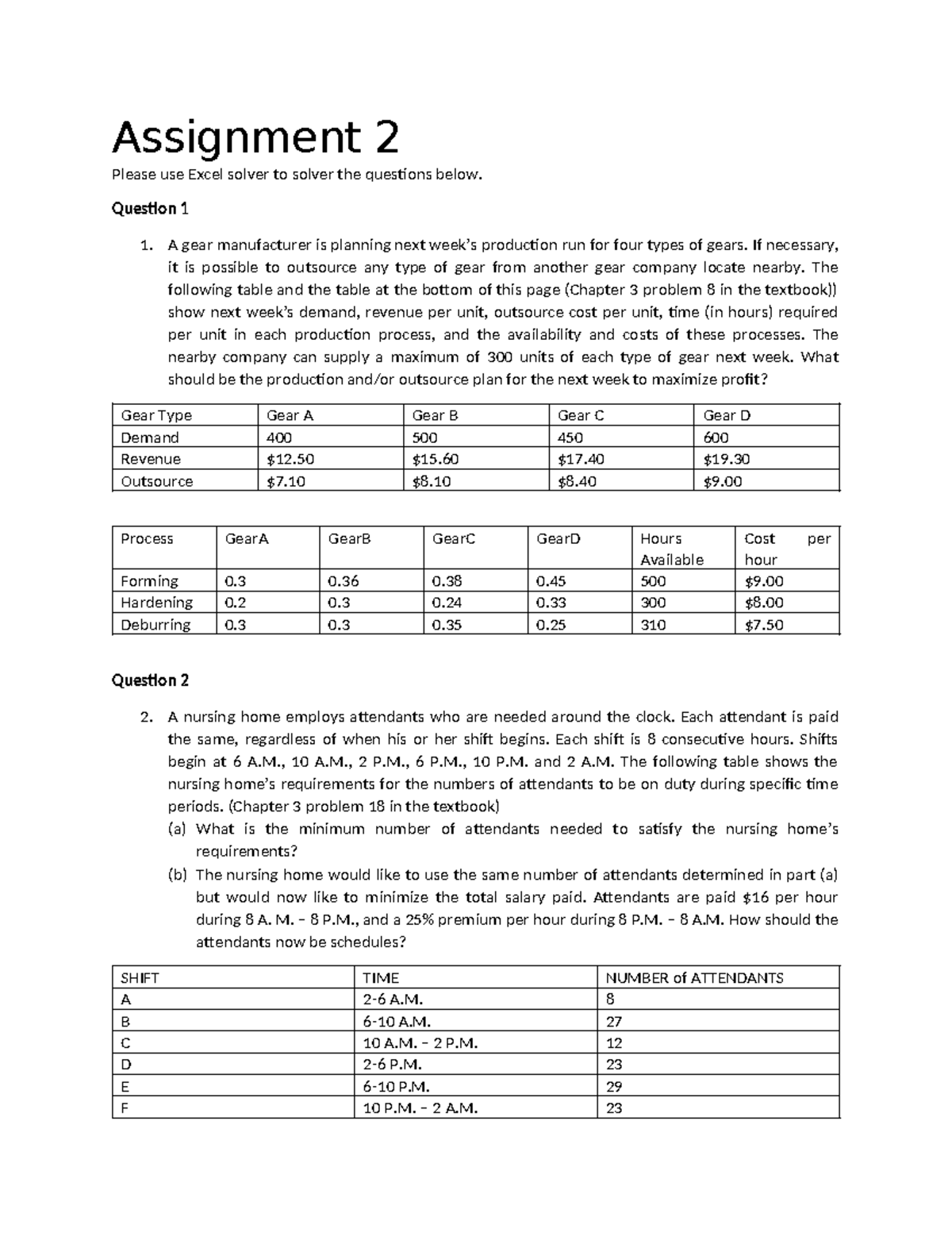 Assignment 2 - Linear programming - Assignment 2 Please use Excel solver to solver the questions ...