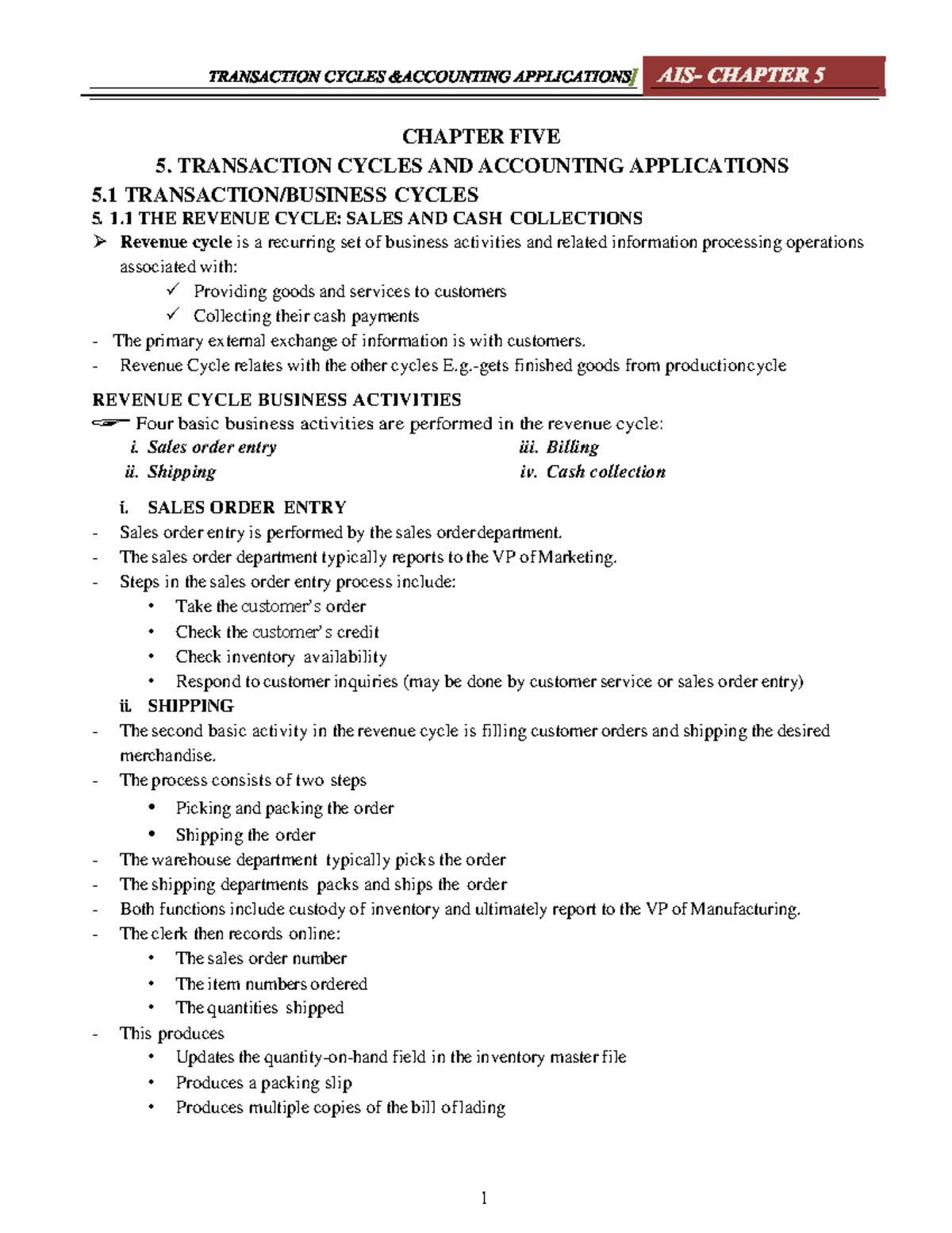 AIS CH 5 - CHAPTER FIVE 5. TRANSACTION CYCLES AND ACCOUNTING ...