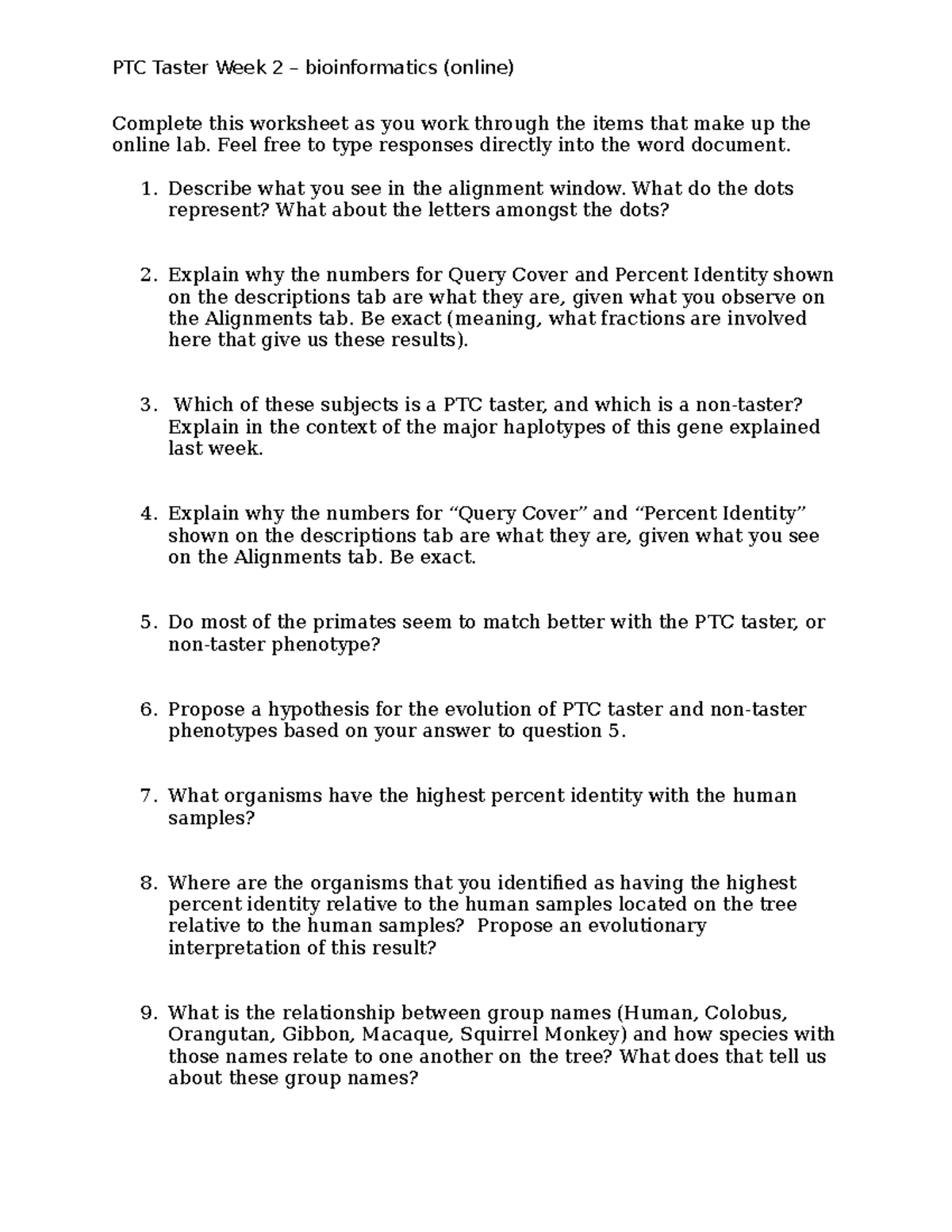 PTC Taster Bioinformatics worksheet - PTC Taster Week 2 ...