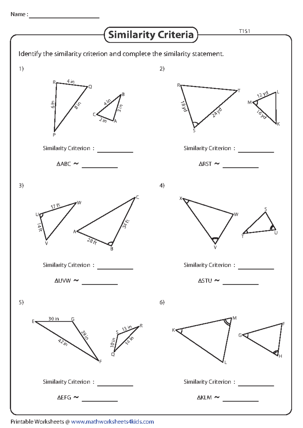 Similar Triangles - nah - Identify the similarity criterion and ...