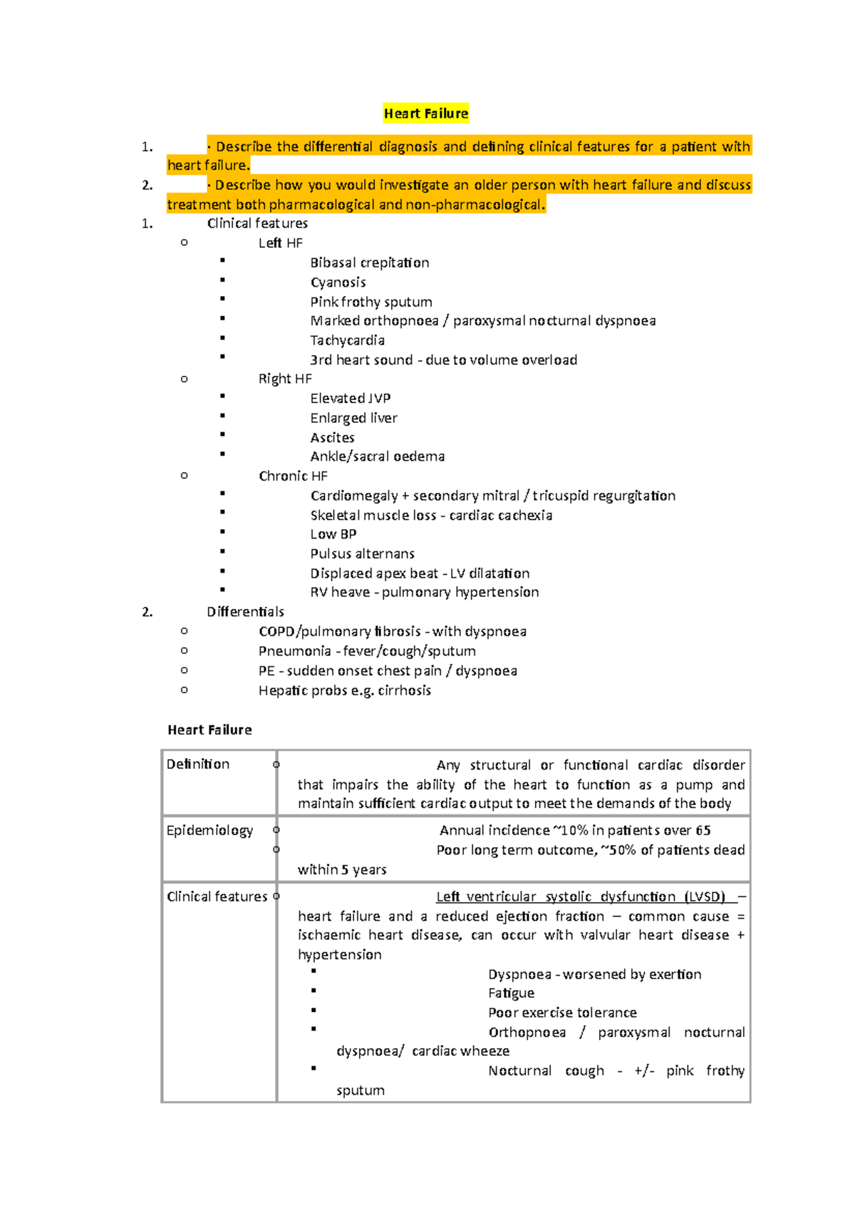 Heart Failure - Lecture notes 1 - Heart Failure · Describe the ...