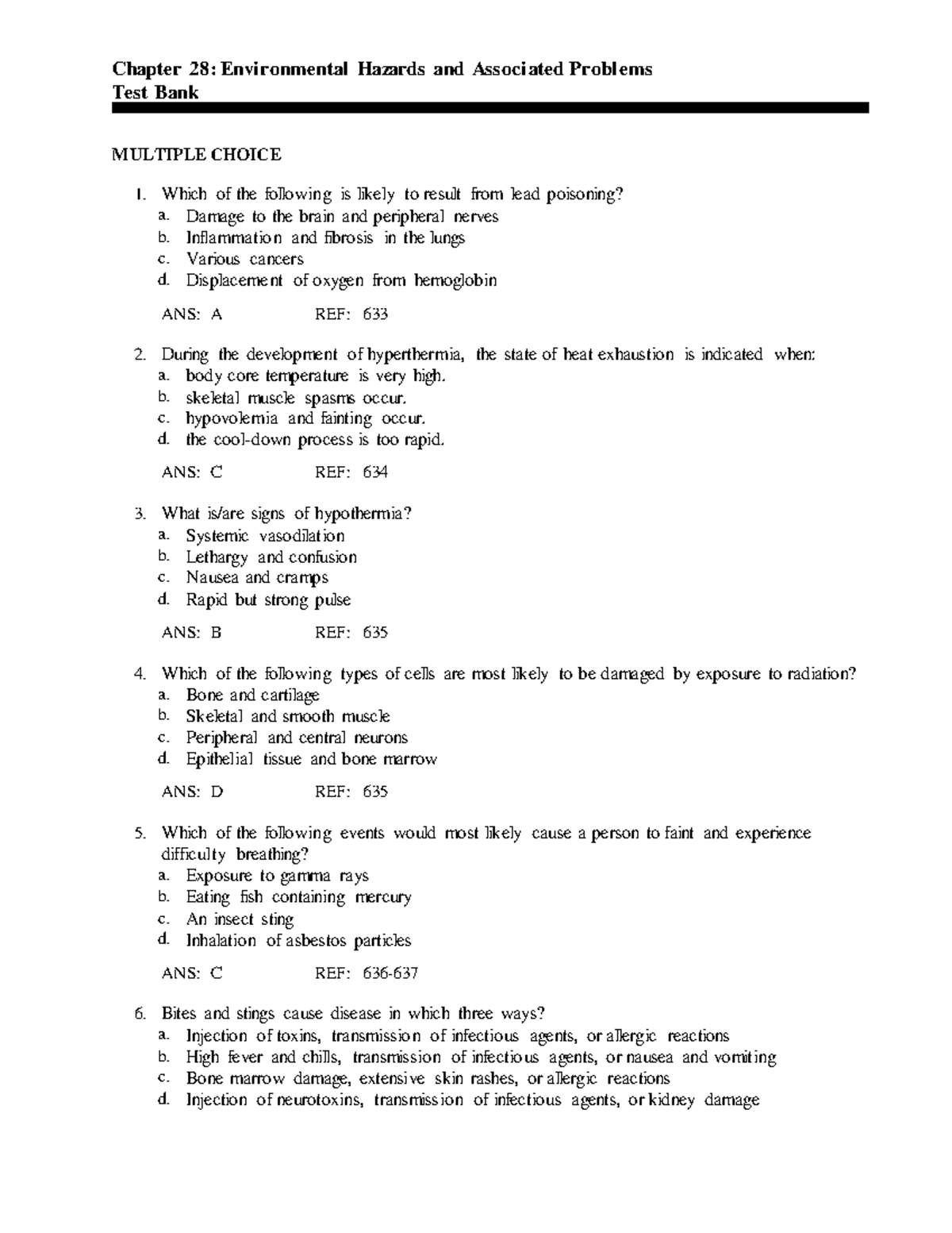 C28 - test bank - Chapter 28: Environmental Hazards and Associated ...