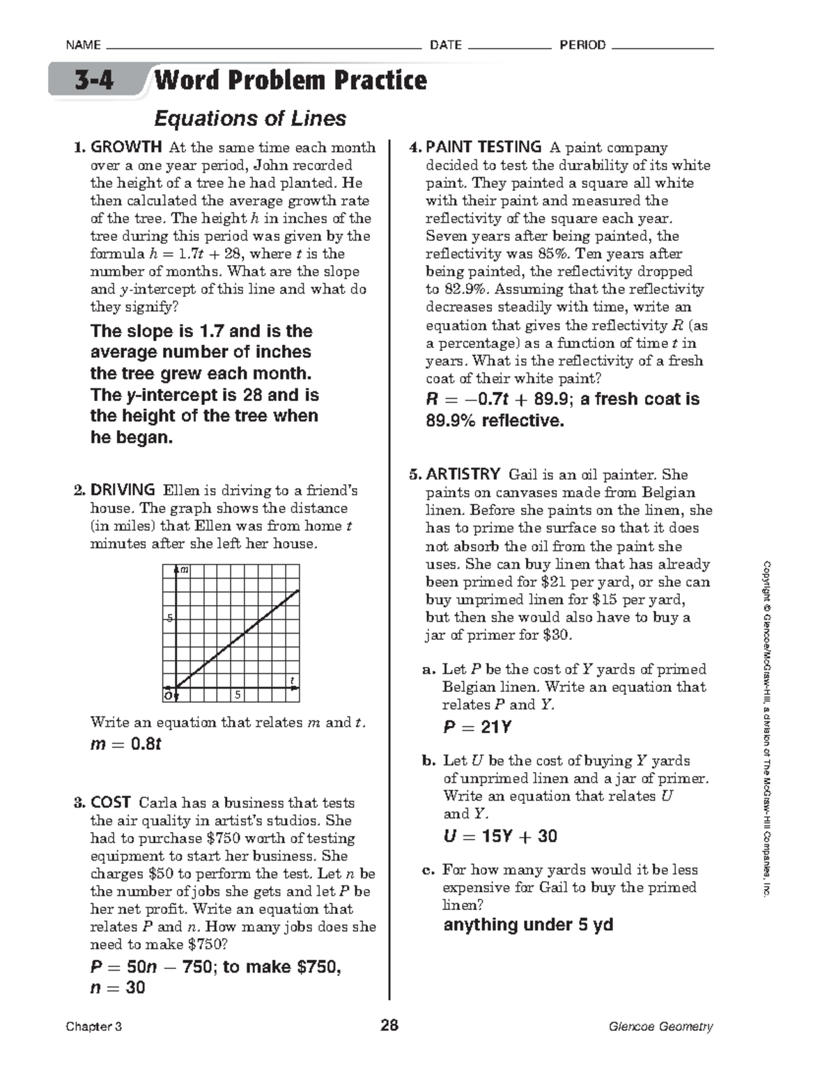 Chp 3-4 Word Problems Ans - Copyright © Glencoe/McGraw-Hill, a division ...