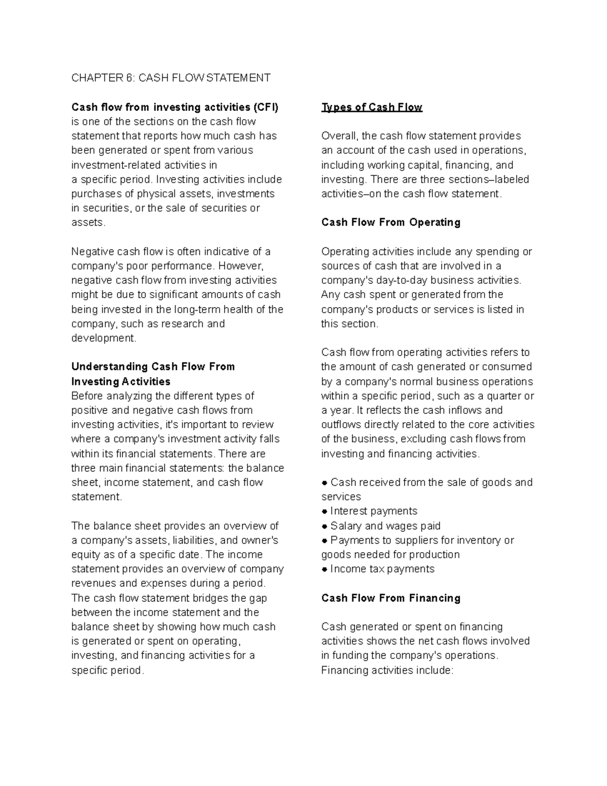 Chapter-6 -CASH-FLOW- Statement - CHAPTER 6: CASH FLOW STATEMENT Cash ...