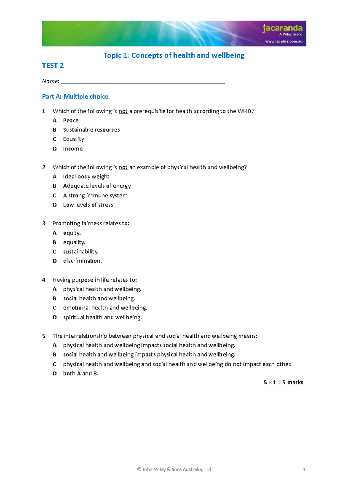 HHD Topic Test 2 [Chapter 1] - Topic 1: Concepts of health and ...