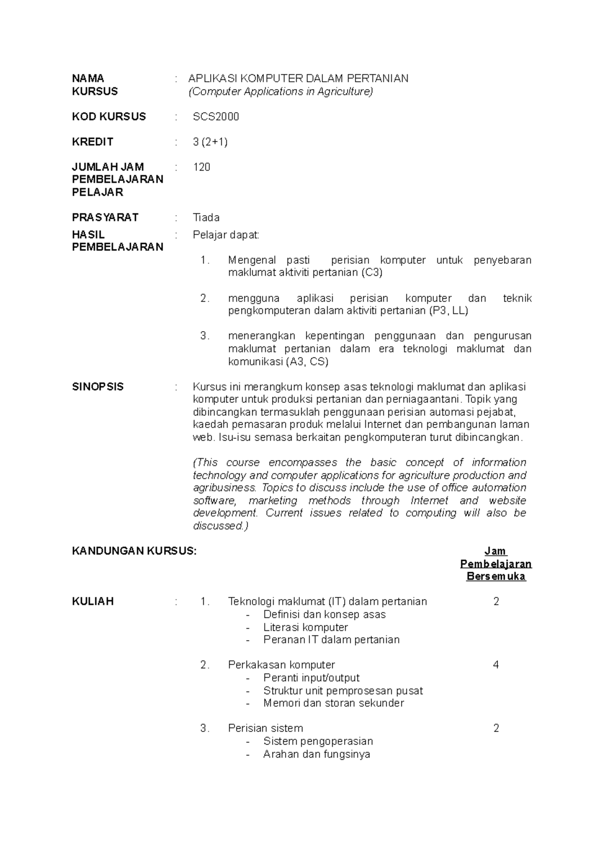 Syllabus SCS2000 - Technological usages in farming - NAMA KURSUS ...