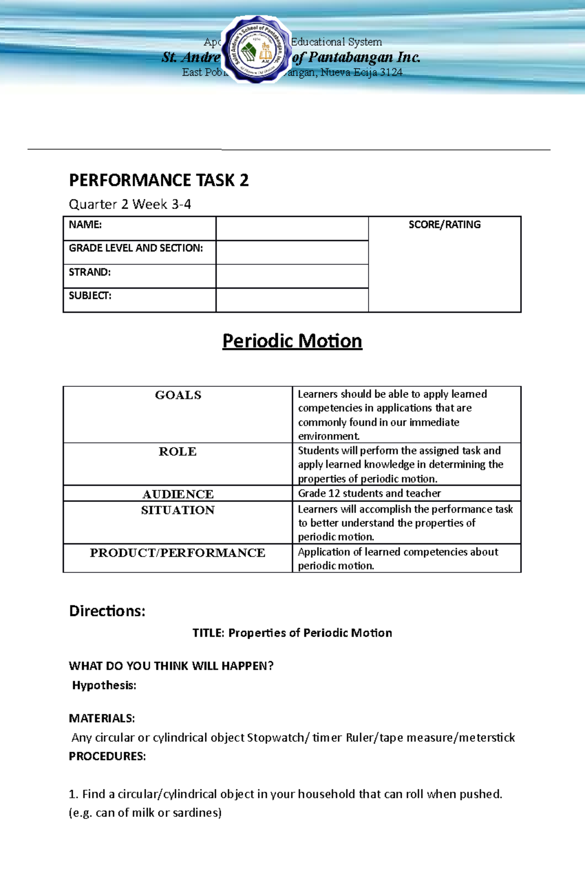 Physics Performance Task for 2nd Quarter - St. Andrew’s School of ...