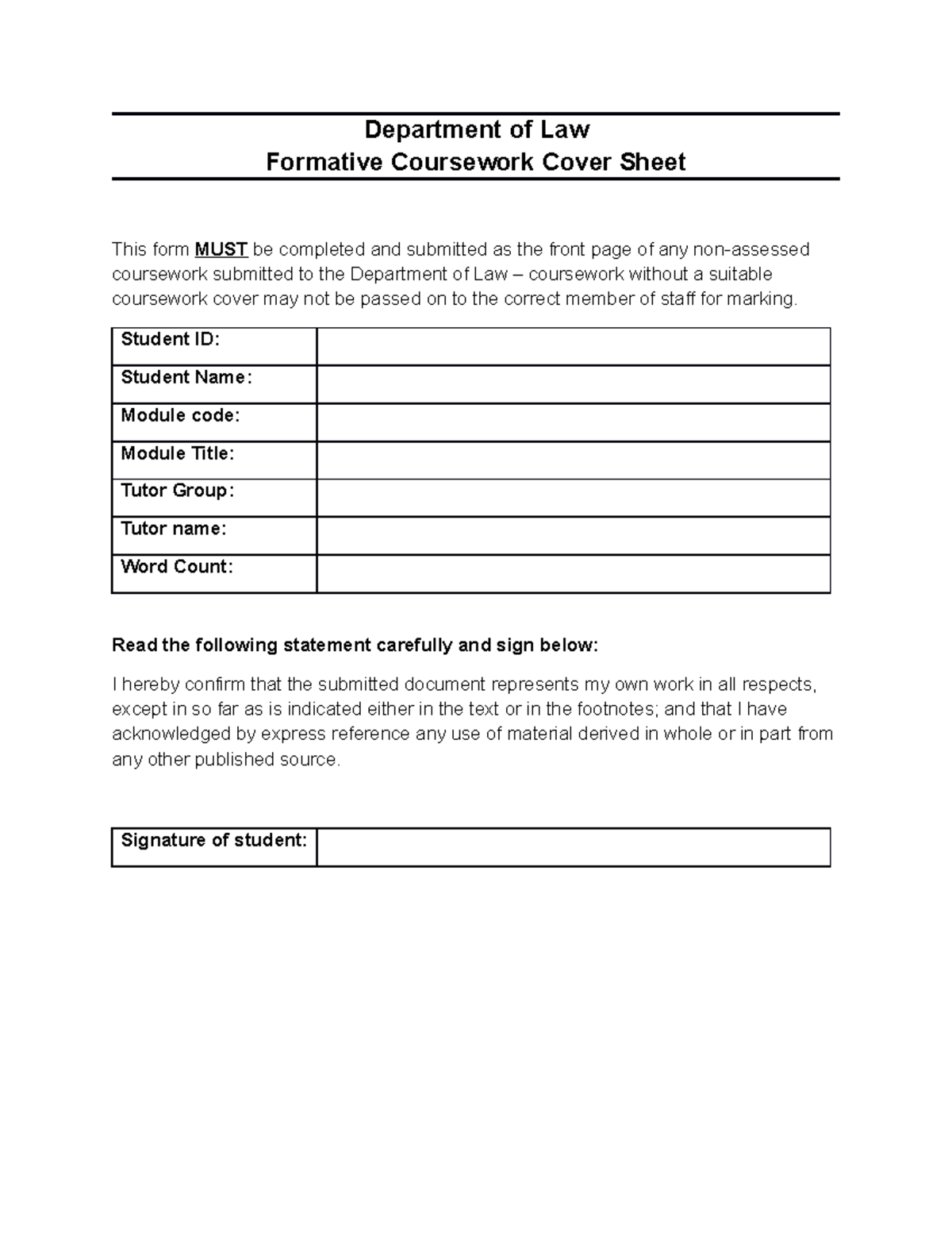 Formative coursework cover sheet - Department of Law Formative ...