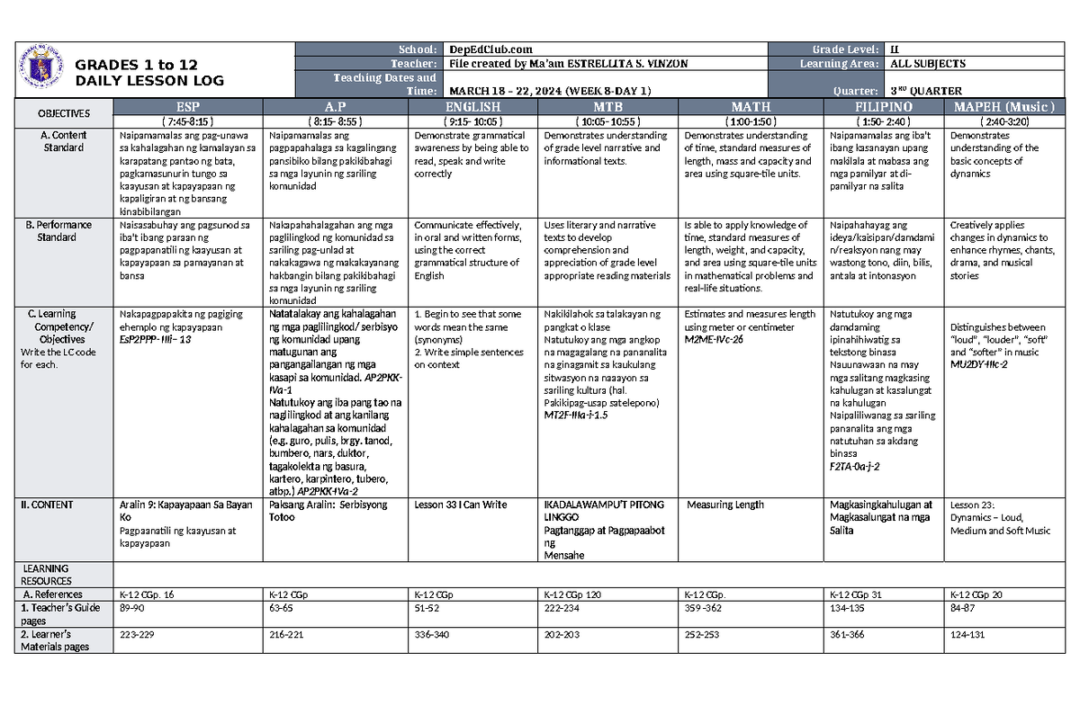 DLL ALL Subjects 2 Q3 W8 D4 - GRADES 1 to 12 DAILY LESSON LOG School: DepEdClub Grade Level: II ...