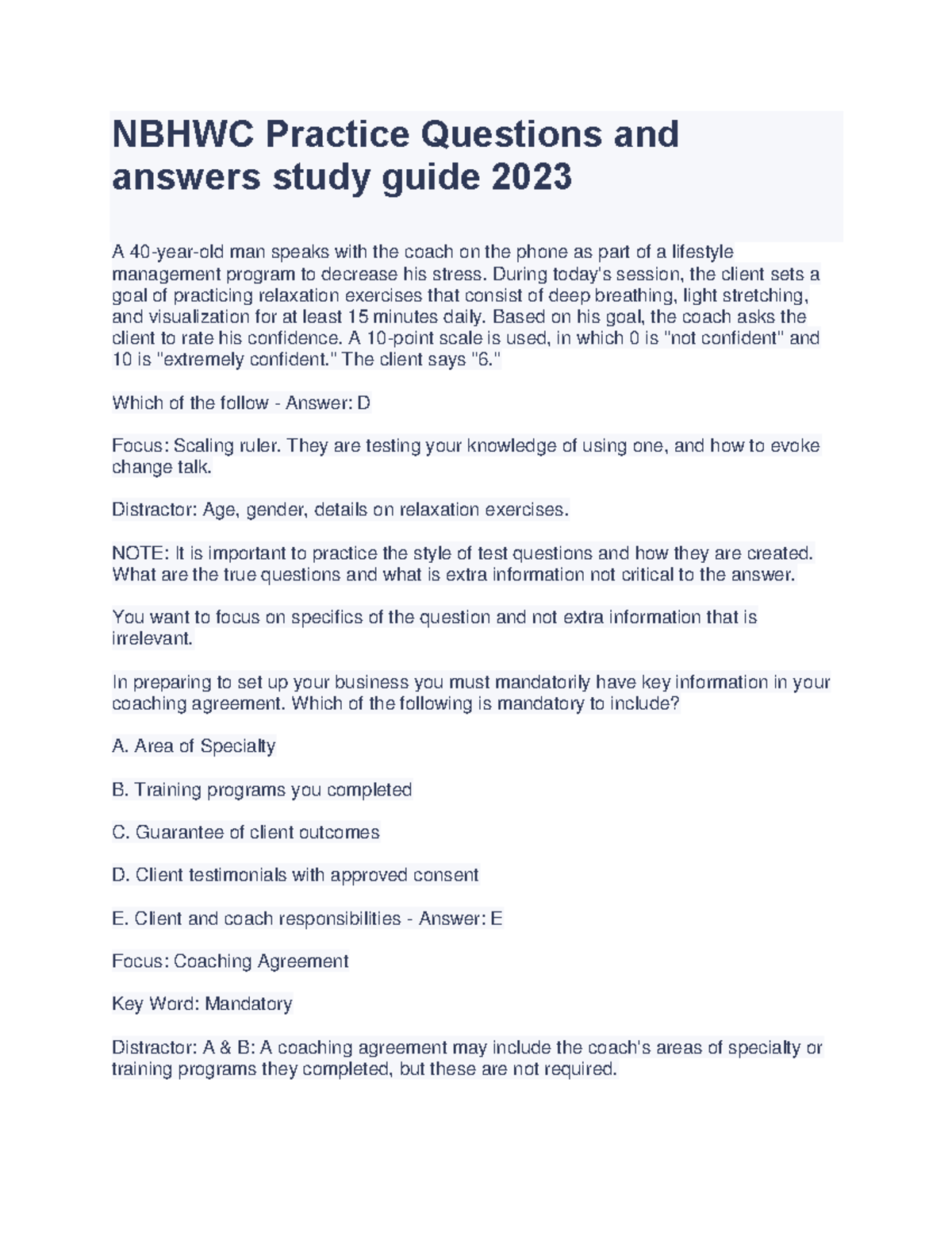 Nbhwc Practice Questions and answers study guide 2023 - NBHWC Practice ...