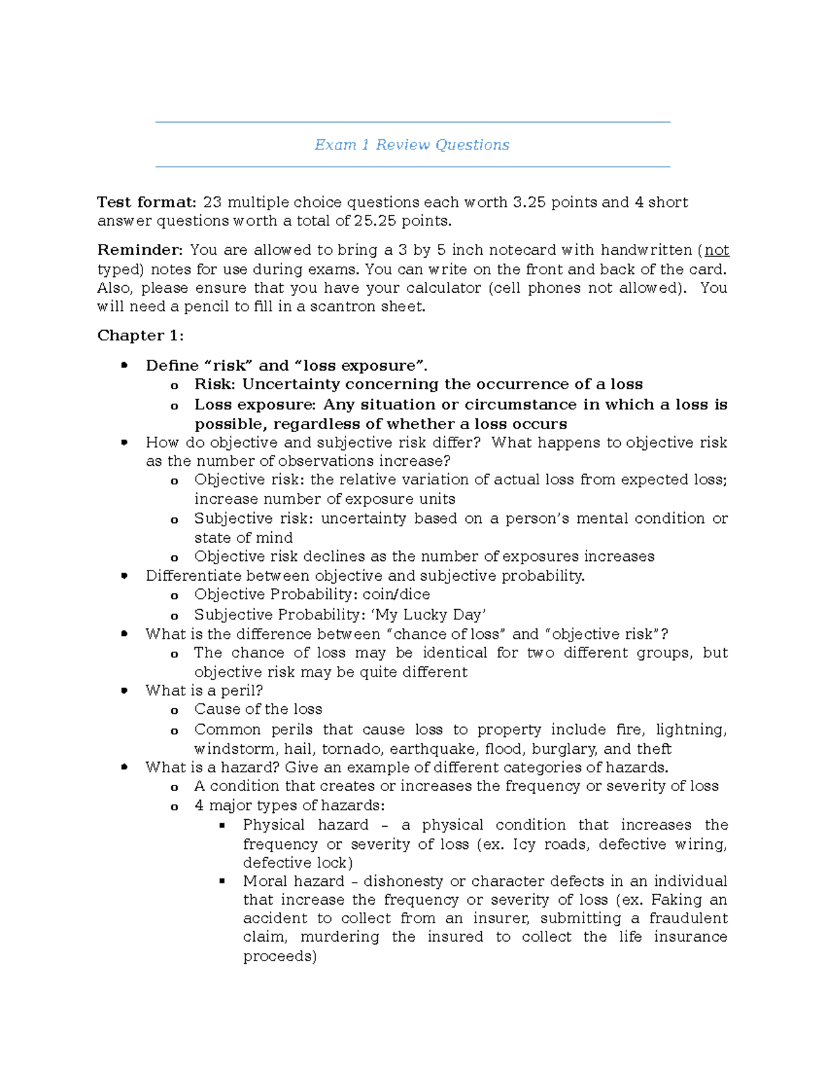 Exam 1 Review Questions - Exam 1 Review Questions Test format: 23 ...