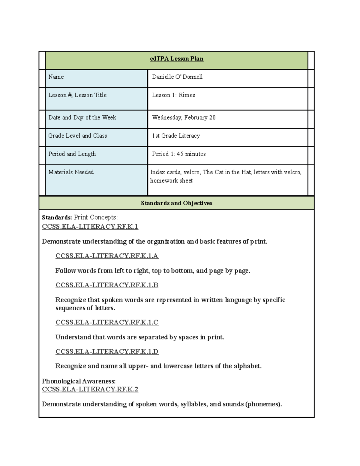 edTPA Lesson Plan: Rimes and Word Creation - Studocu
