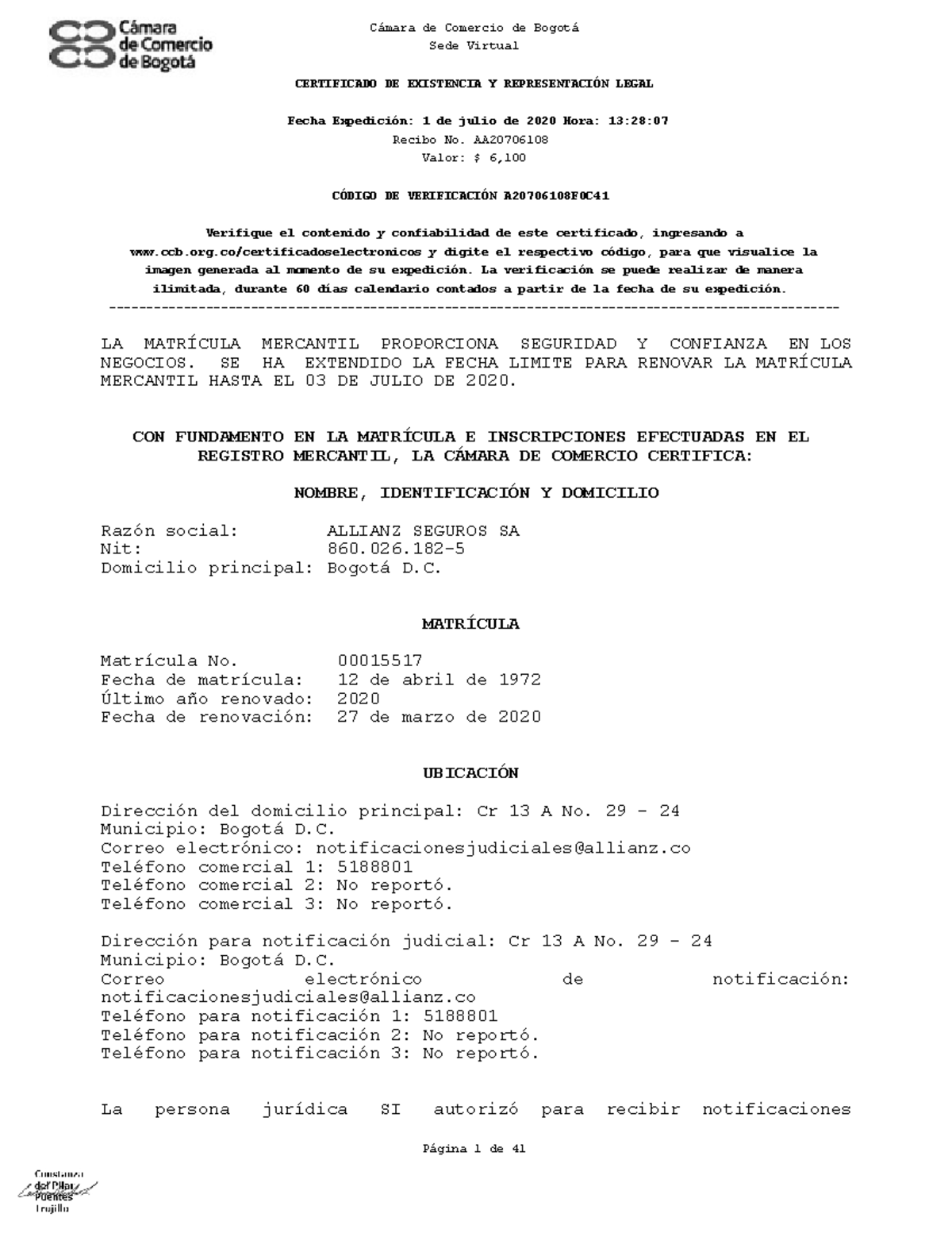 01-07-2020 - camara de comercio - Sede Virtual CERTIFICADO DE EXISTENCIA Y REPRESENTACI”N LEGAL ...