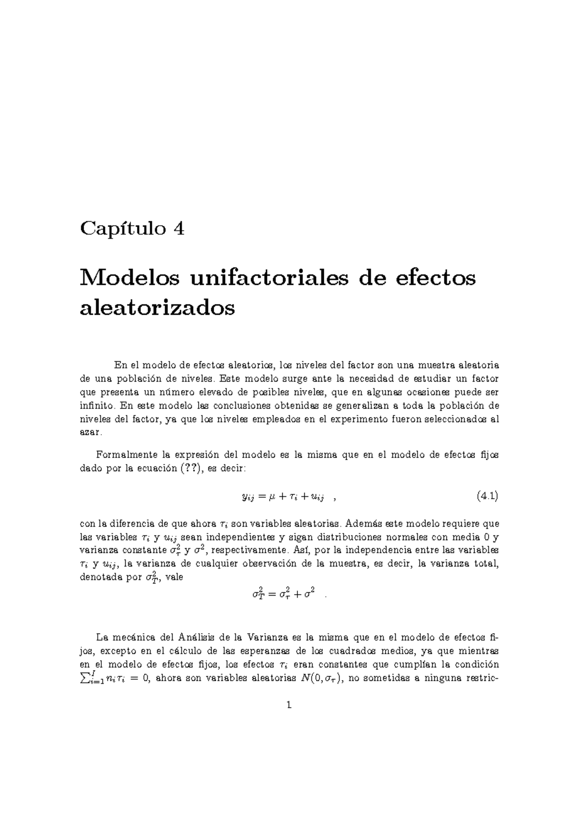 Efectos Aleatorios - Capítulo 4 Modelos unifactoriales de efectos aleatorizados En el modelo de ...