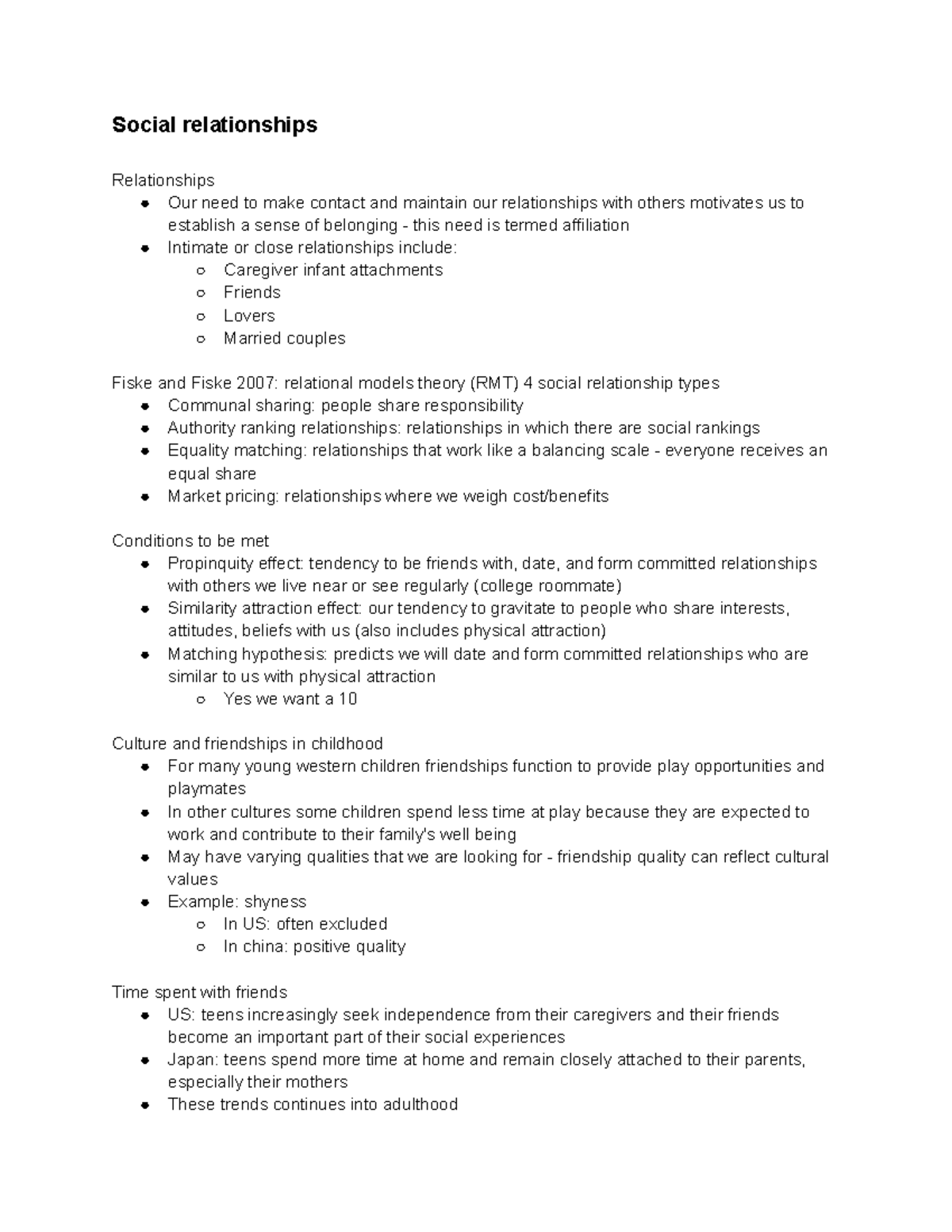Ch. 8 notes - Social relationships Relationships Our need to make ...