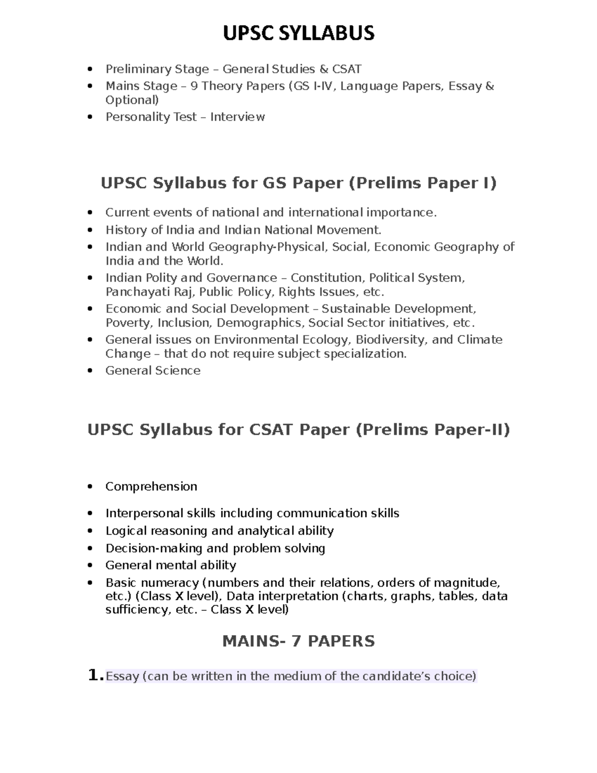 UPSC Syllabus - UPSC SYLLABUS Preliminary Stage – General Studies ...