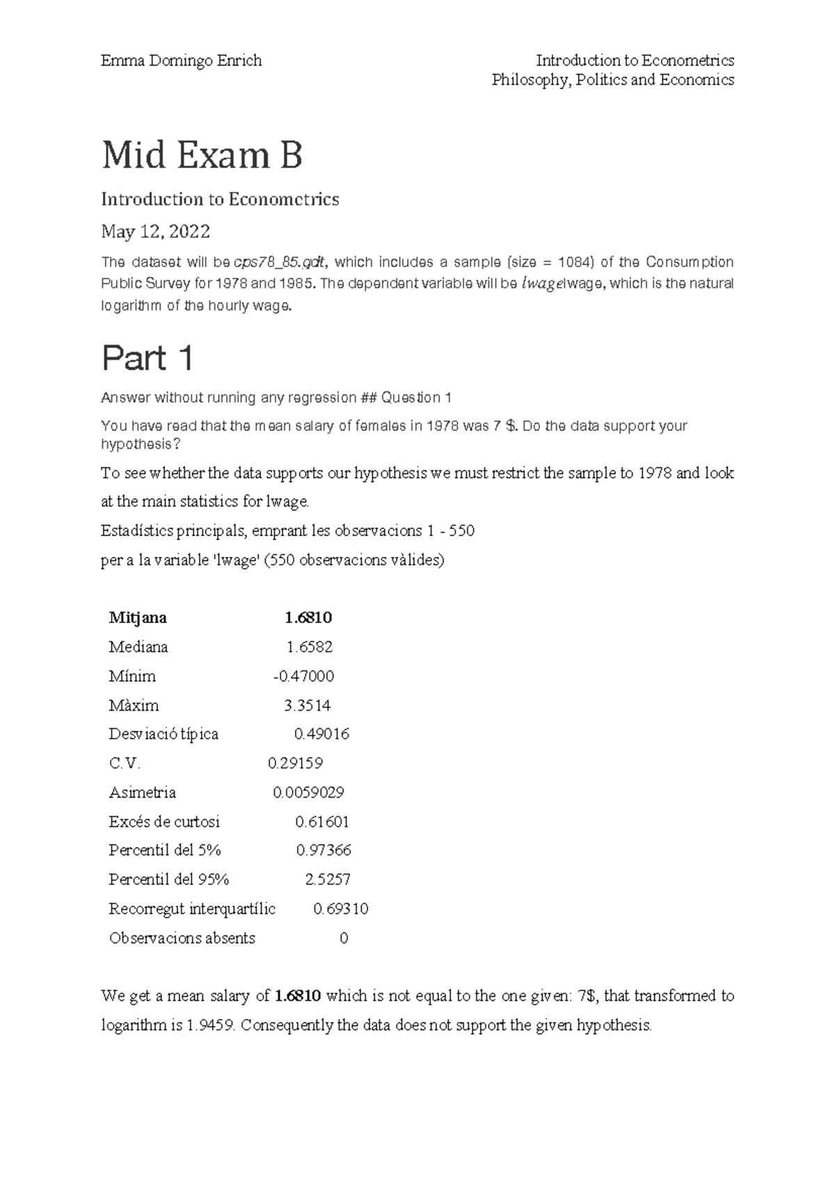 Midterm Econometria - Philosophy, Politics and Economics Mid Exam B ...