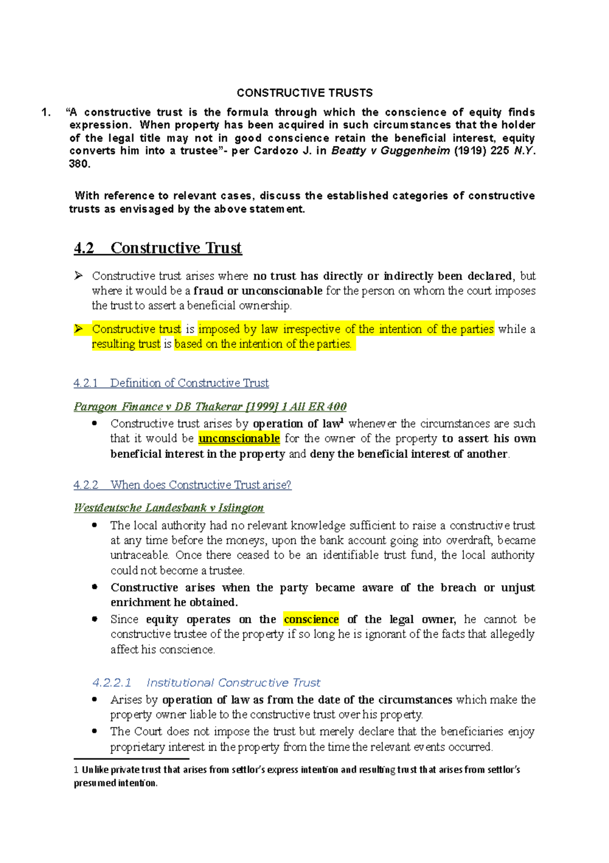 Discuss the established categories of constructive trusts as envisaged ...