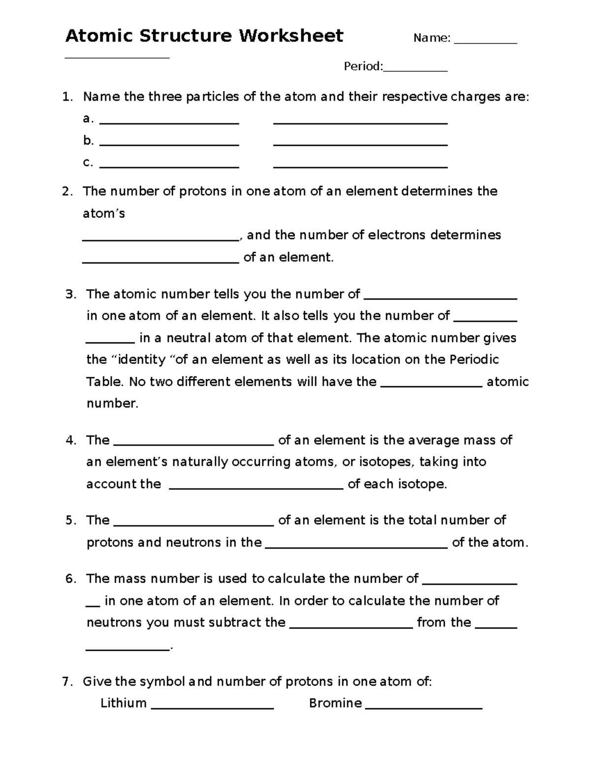 Atomic Structure Packet - Atomic Structure Worksheet Name: Period: 1 ...