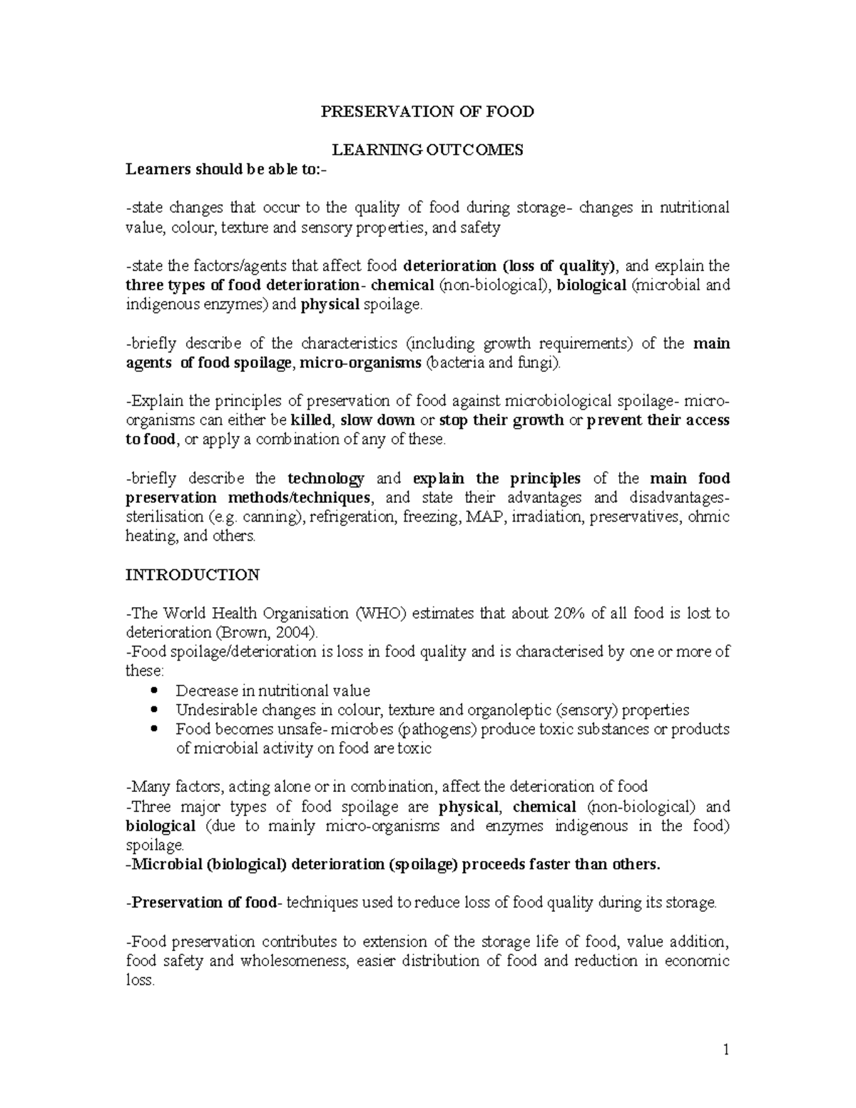 Food Preservation - PRESERVATION OF FOOD LEARNING OUTCOMES Learners ...