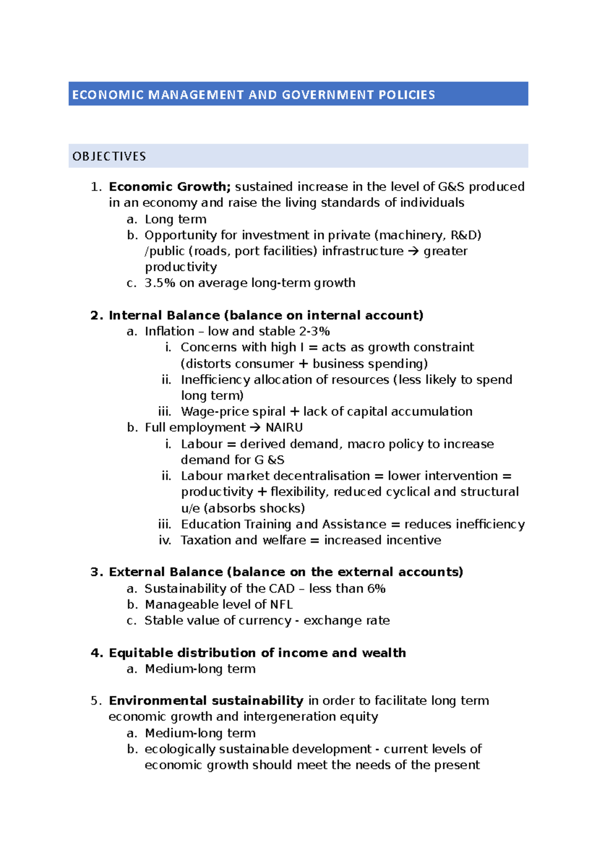 Macro notes - ECONOMIC MANAGEMENT AND GOVERNMENT POLICIES OBJECTIVES ...