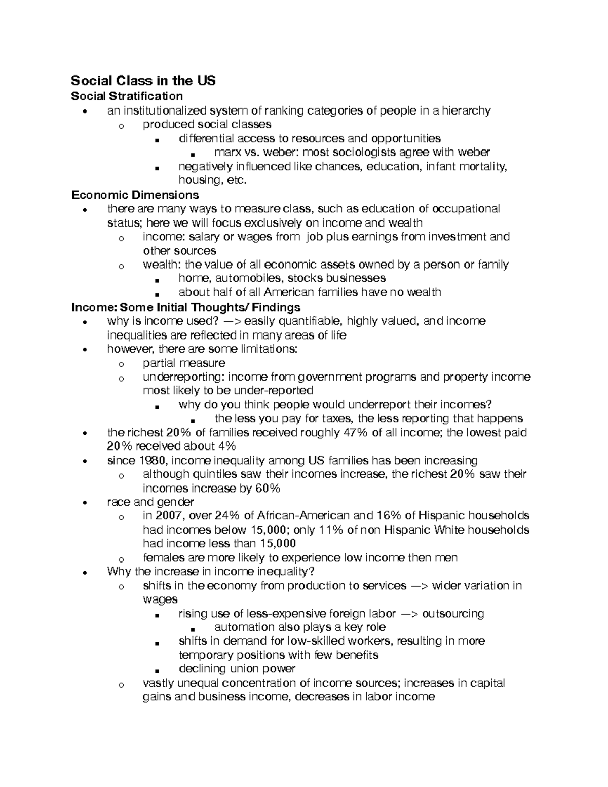 Social Class Notes - Social Class in the US Social Stratification - an ...
