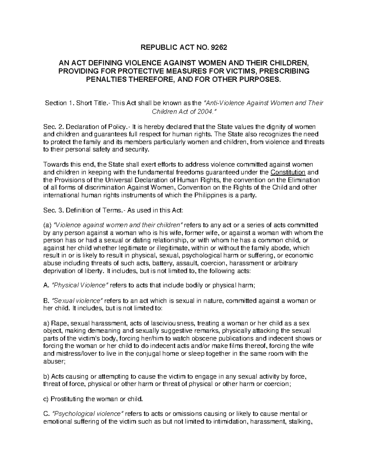 RA 9262 Anti-violence against women act - REPUBLIC ACT NO. 9262 AN ACT ...